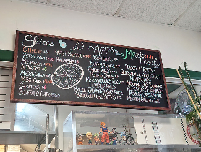 This chalkboard menu tells a delicious story of culinary fusion. From BBQ Chix to Mexican Quesadillas, it's a United Nations of neighborhood eats.