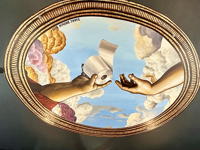Michelangelo meets bathroom humor in this ceiling masterpiece. The divine gift of toilet paper has never looked so majestic!