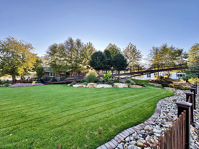 Perfectly manicured grounds surround Casey's giant attractions, proving that even the most outlandish ideas deserve beautiful landscaping.