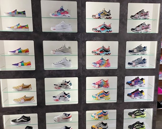 Sneakerheads rejoice! This dazzling display of colorful footwear transforms ordinary shoes into museum-worthy pieces of wearable art.