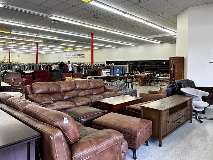 Leather sectionals with stories to tell sit patiently waiting for their second act in someone's living room.