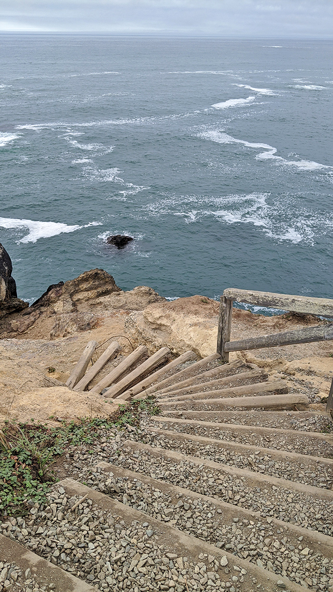 The stairway to heaven is actually made of wood. These steps lead adventurous souls down to Trinidad's most rewarding coastal treasure.