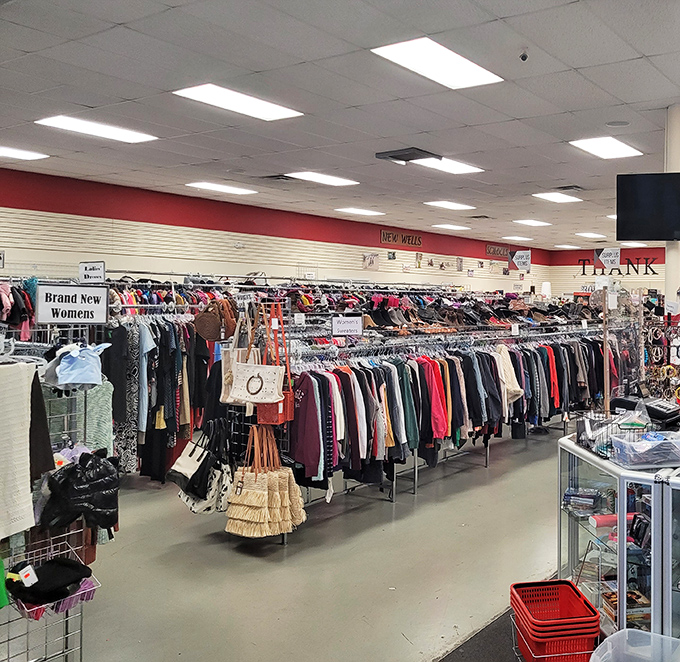 Organized chaos at its finest! The women's clothing section features color-coded racks that make hunting for hidden gems surprisingly civilized.