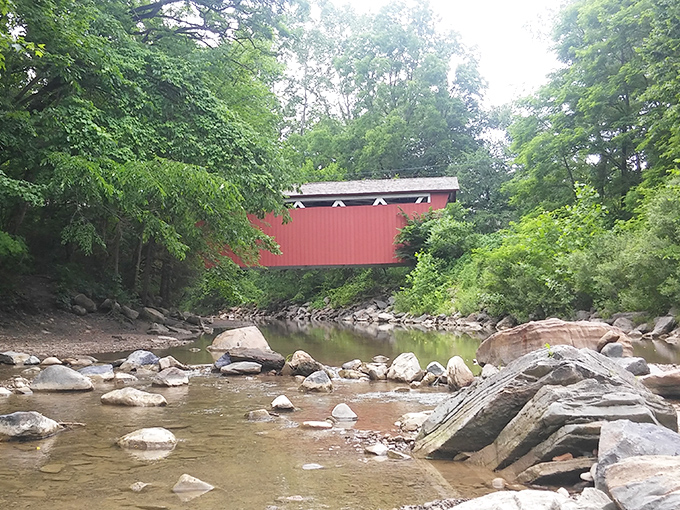 Nature's embrace: The bridge seems to float between lush green guardians, while Furnace Run babbles below like a contented dinner guest.