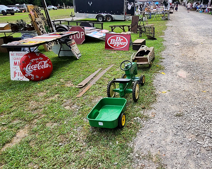 Nostalgia on wheels! These vintage pedal tractors and classic advertising signs transport you back to simpler times when Dr. Pepper fixed everything.