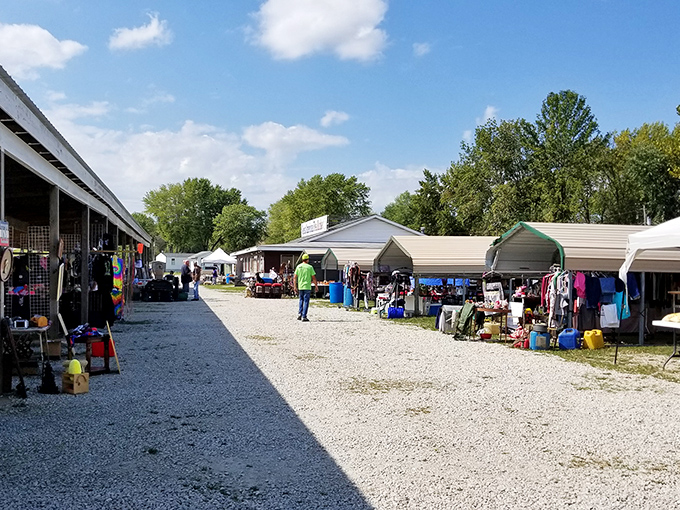 Rows of possibility stretch into the distance. Each covered stall holds someone's past waiting to become part of your future.