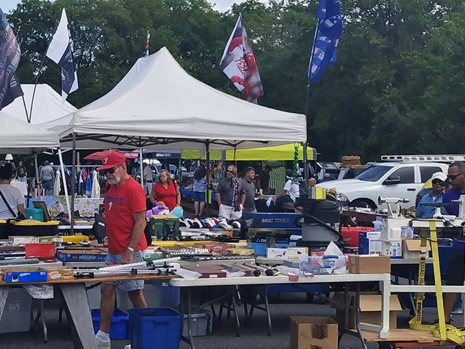 Treasure hunting under canvas! White tents stretch across the parking lot, each one a miniature universe of possibility and potential bargains.