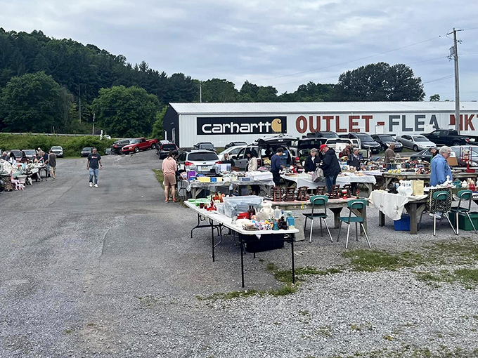 Vendors set up shop under the watchful eye of the Carhartt outlet, creating an impromptu village of possibilities where one person's castoffs become another's treasures.