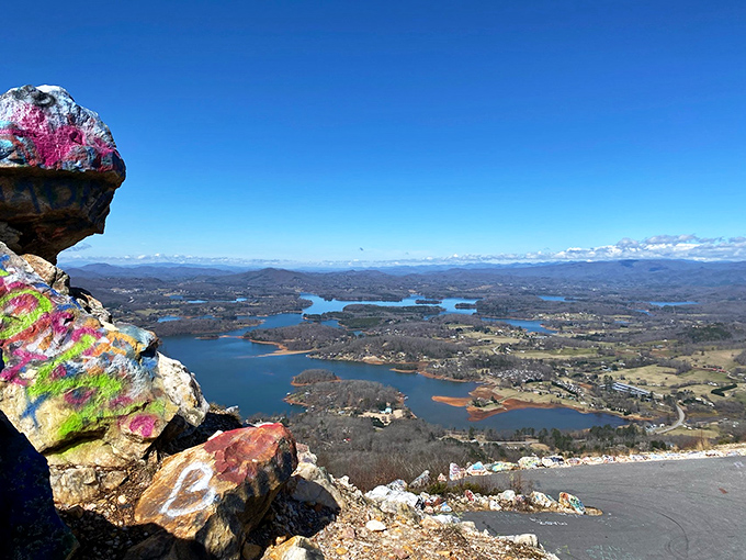 Mother Nature showing off her best angles. The patchwork of Lake Chatuge's blue waters against the rolling mountains creates a living landscape painting worth every step of the climb.