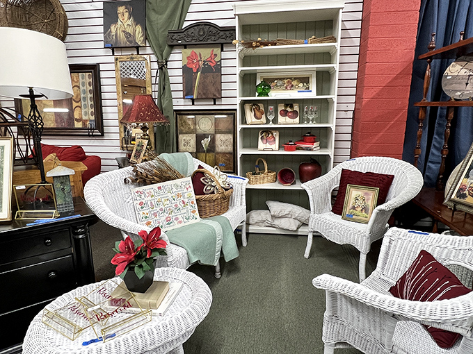 White wicker furniture creates an inviting living room vignette that makes you want to stay awhile.