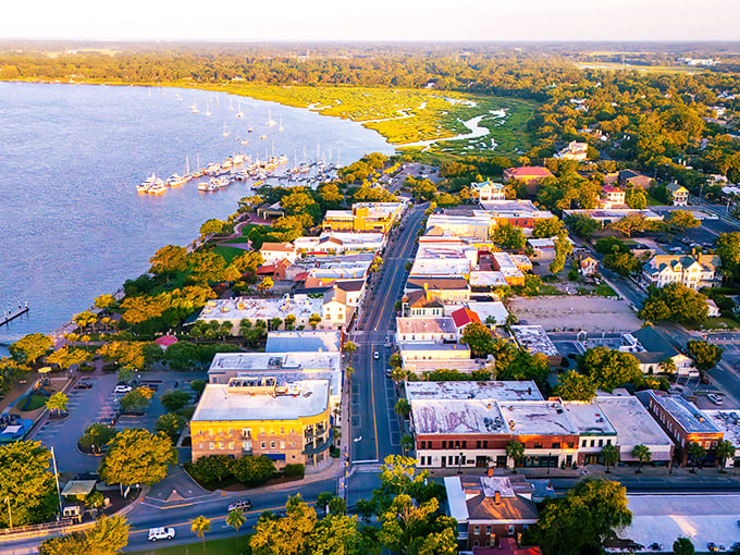 Beaufort's waterfront vista captures that perfect moment when golden hour transforms ordinary buildings into a coastal paradise.