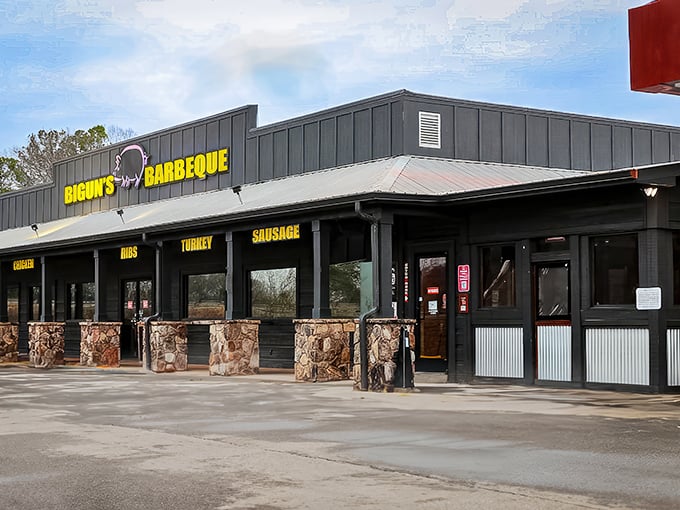 Bold yellow letters announce what your nose already knows&mdash;serious barbecue happens here. No fancy frills, just meat thrills.