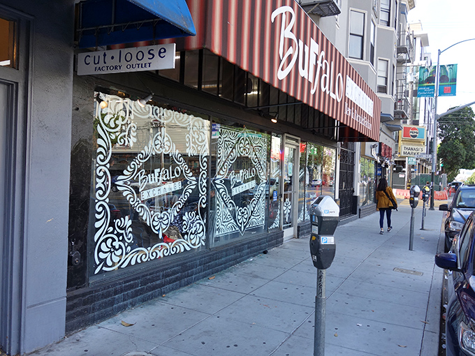 Buffalo Exchange's artfully decorated windows showcase their curated approach to secondhand. This isn't grandma's thrift store &ndash; it's fashion's second act!