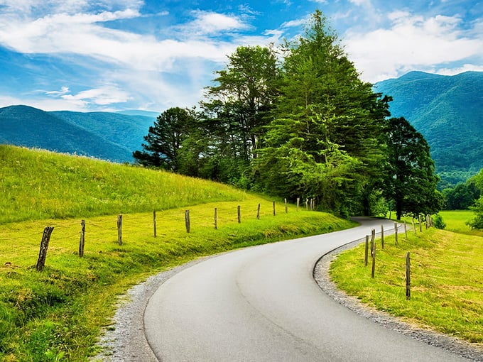 Cades Cove's winding path invites you into a peaceful valley where the mountains stand guard like gentle giants.