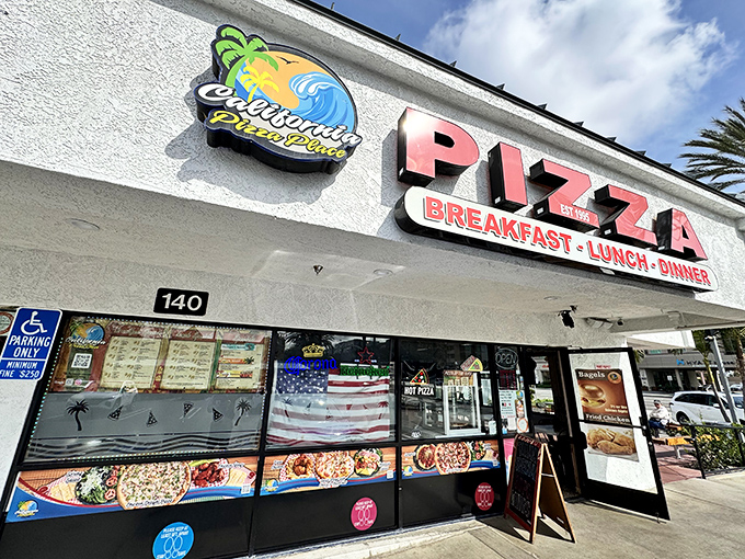 California Pizza's beachside charm brings a splash of color to Anaheim, where hungry Disney-goers find pizza salvation just steps from the park.