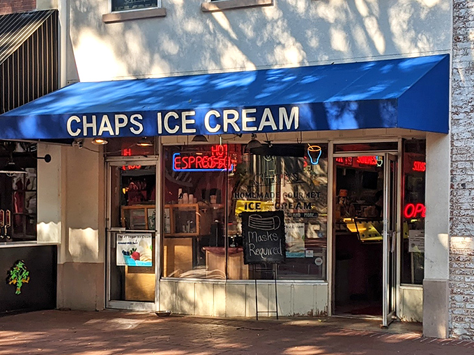 Chaps Ice Cream's blue awning stands guard over Charlottesville's Main Street like a cool, creamy lighthouse.