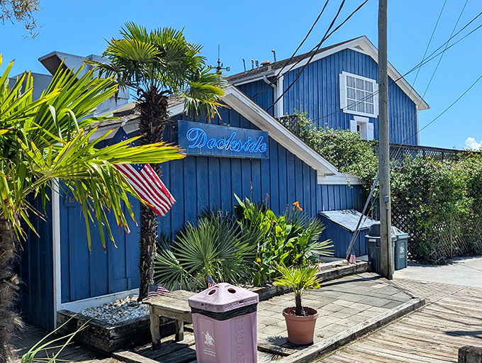 Blue as a perfect summer sky, Dockside Restaurant stands out like that one friend who refuses to wear anything but their favorite color.