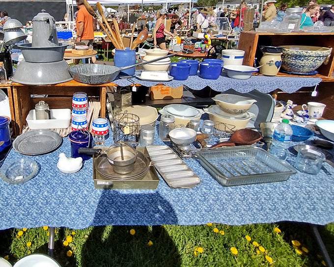 Grandma's kitchen comes alive at Elkhorn Antique Flea Market, where vintage cookware tells stories of Sunday dinners past.