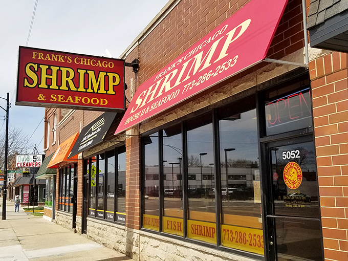 Frank's bold red sign promises exactly what you'll get—no-frills, spectacular Chicago-style shrimp that locals line up for.