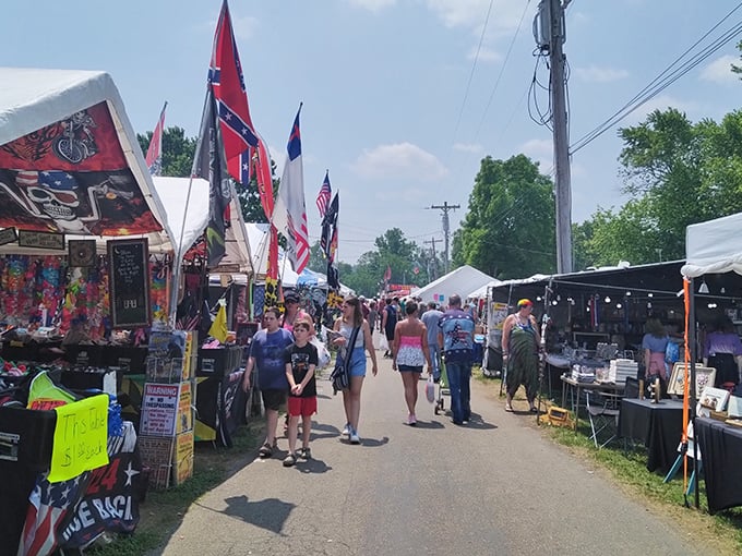Friendship Flea Market's colorful vendor tents create a festival atmosphere where one person's castoffs become another's prized possessions.