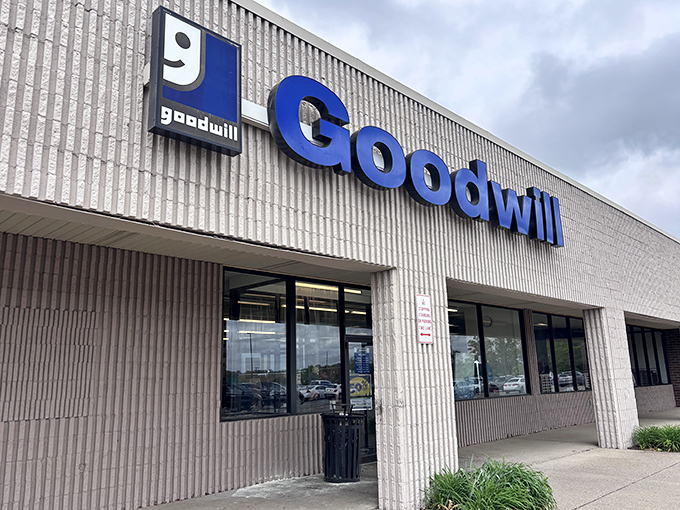 Goodwill's iconic blue logo signals a wonderland of secondhand treasures. This Hermitage location promises adventures in affordable shopping.