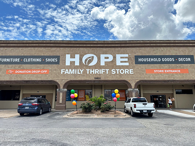 HOPE Family Thrift Store welcomes shoppers with festive balloons and a promise of unexpected treasures inside.