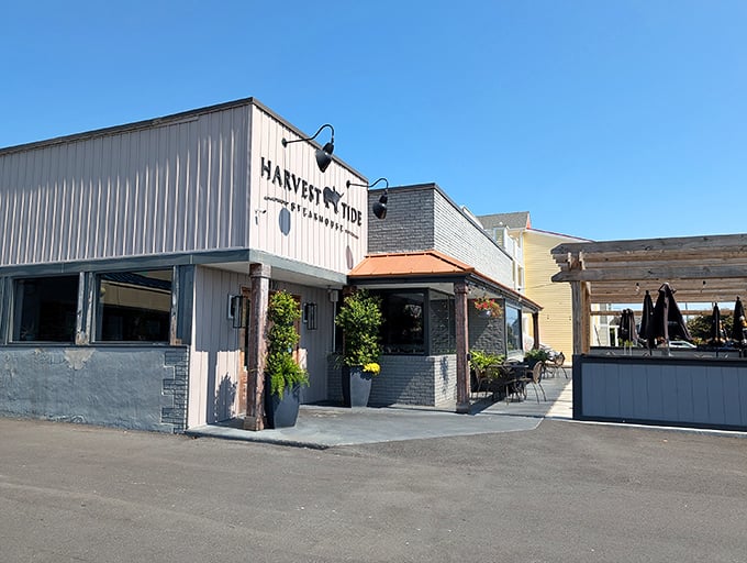 Harvest Tide's coastal-chic exterior promises seafood and steak in perfect harmony. Like finding a culinary oasis at the beach.