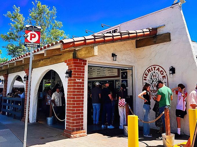 Heritage Barbecue's Spanish-style building houses Texas traditions. That line of people isn't forming for the architecture! 