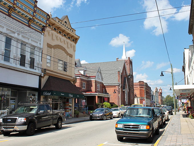 Irwin's architectural medley! Where pickup trucks and ornate facades create a small-town symphony that would make Andy Griffith feel right at home.