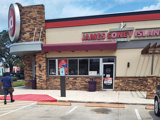 James Coney Island's stone-accented facade houses generations of Houston hot dog history and mouthwatering Coney creations.