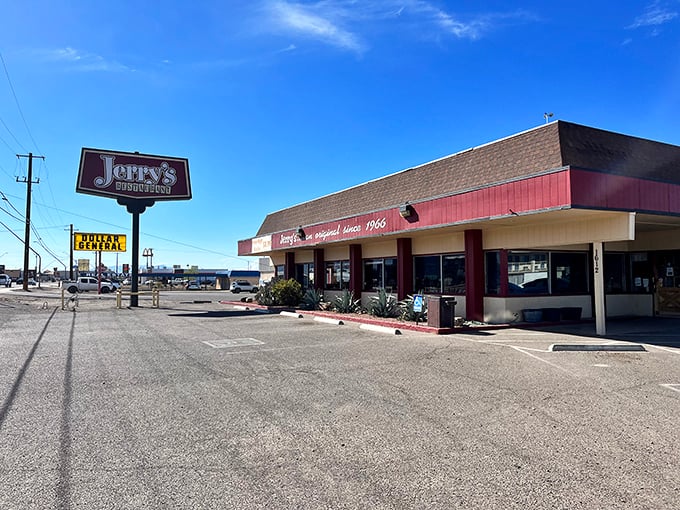 Jerry's Restaurant stands proudly against the desert sky, a time-tested beacon for hungry travelers since 1966.