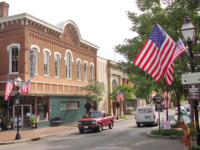 Jonesborough's historic district proudly waves its flags, like a small-town parade that never ends.