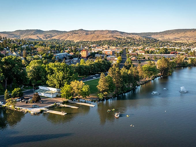 Klamath Falls offers waterfront living that won't drain your savings. This aerial view showcases the perfect blend of nature and affordability.