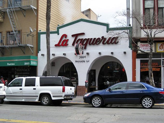 La Taqueria's iconic white facade with green trim has been a Mission District landmark for burrito lovers for decades.