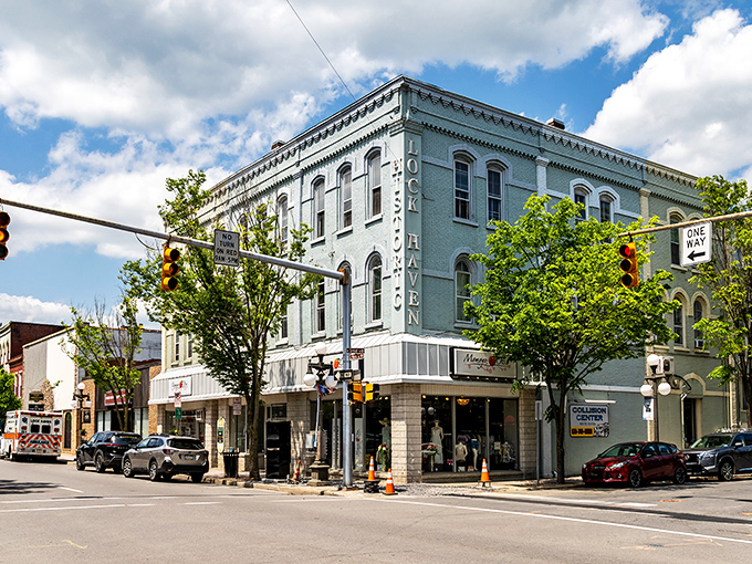Lock Haven's blue-painted corner building stands like a cheerful greeter, welcoming visitors to this riverside gem. 