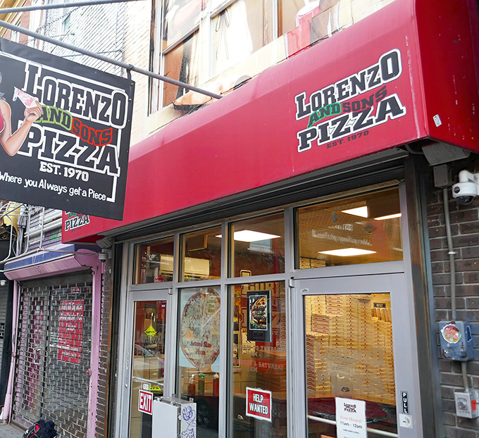 Lorenzo's bold red storefront stands out like its oversized slices &ndash; Philadelphia's answer to "go big or go home."
