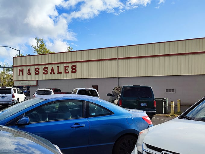 M&S Sales' bold red lettering promises no-frills bargain hunting at its finest. Like finding your favorite aunt's garage sale, but with more treasures!