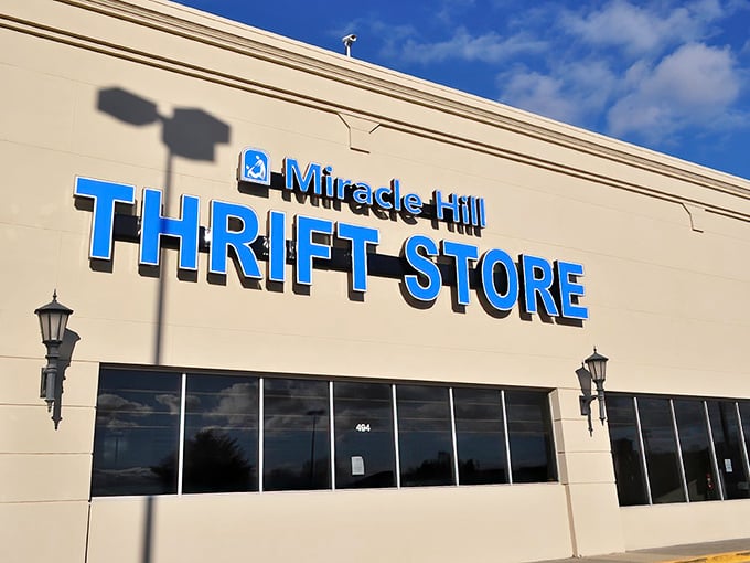 Miracle Hill's clean storefront in Greenville beckons thrifters with the promise of organized aisles and wallet-friendly fashion finds inside. 