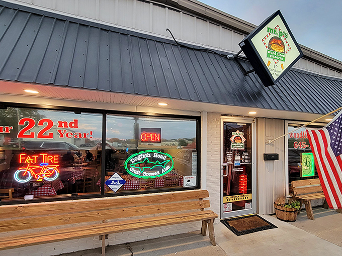 Mr. P's celebrates 22 years of pizza magic with a cheerful storefront. That Fat Tire sign isn't lying&mdash;you'll need exercise after these pies!