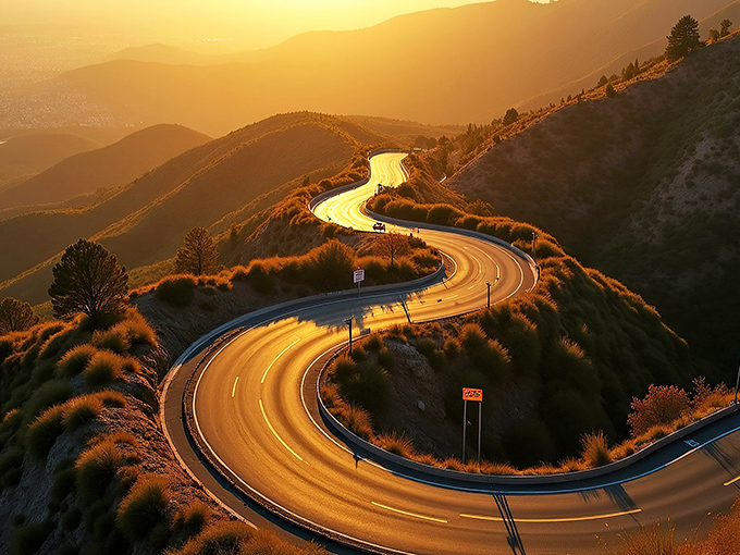 Sunset paints the Mulholland Highway in liquid gold. These curves have starred in more movies than most Hollywood actors!