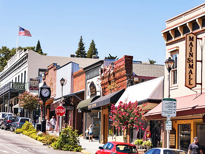 Nevada City's Gold Rush-era buildings house modern treasures. That clock still keeps perfect time, just like it did when Mark Twain might've checked it.