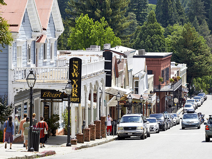 Nevada City's historic downtown looks like a movie set, but it's the real deal. The New York Shops sign hints at Gold Rush dreams still alive.