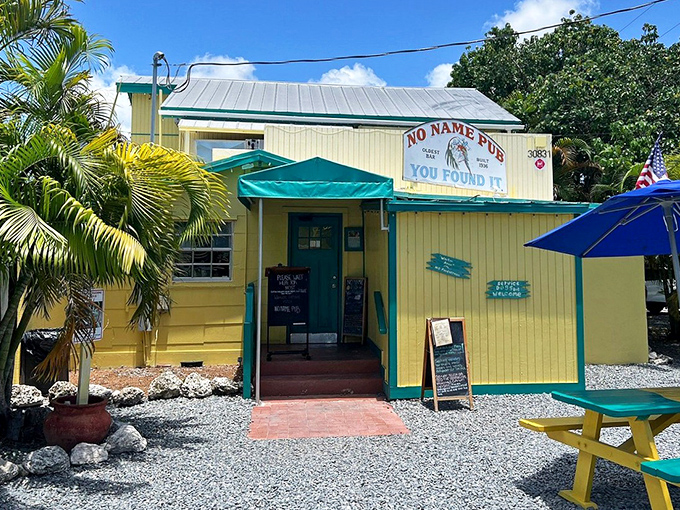 That bright yellow building isn't trying to hide &ndash; No Name Pub wears its quirky personality like a badge of honor.