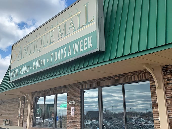 Ohio Valley Antique Mall's welcoming green-roofed entrance. Seven days a week of treasure hunting awaits!
