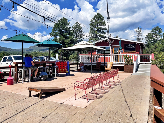 Old County Inn's rustic deck feels like pizza paradise in the pines, where mountain air somehow makes everything taste better.
