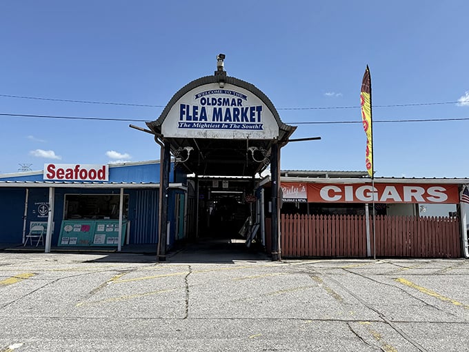 That classic flea market entrance whispers stories of decades past, where seafood meets cigars in perfect harmony.