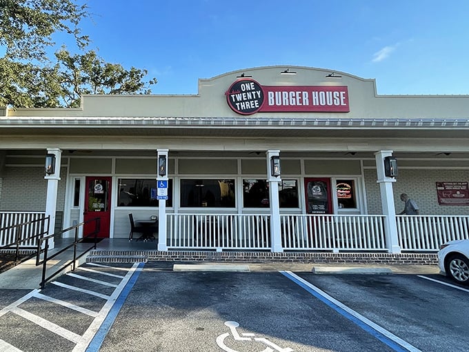 One Twenty Three Burger House stands proud with its classic storefront. That white railing practically invites you to sit and stay awhile.