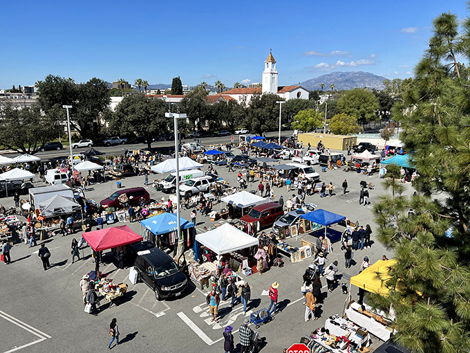 Under the California sun, Pasadena's PCC Flea Market spreads its treasures against a backdrop of historic architecture.