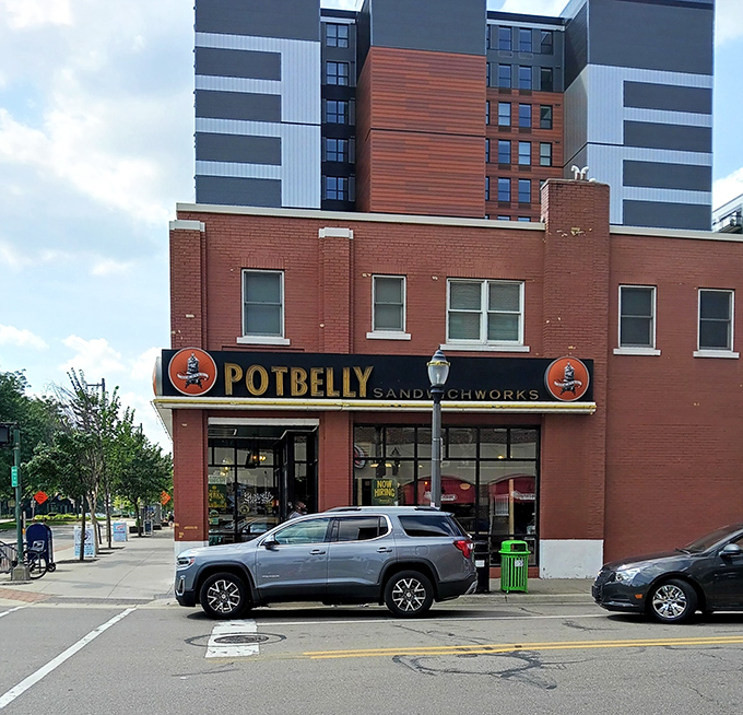 Potbelly's brick storefront promises warm, toasty sandwich goodness in the heart of college town bustle.