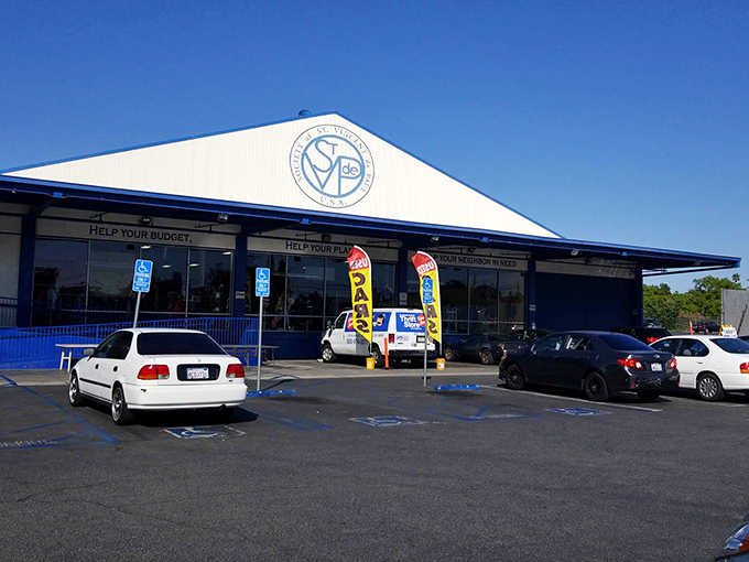 St. Vincent de Paul's bright blue roof signals a thrifter's paradise ahead&mdash;like spotting an oasis in a desert of full-price retail.